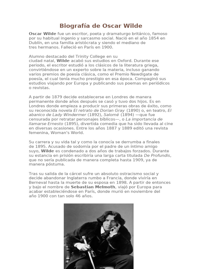Biografía de Oscar Wilde: Vida y Obra | PDF | Clásicos