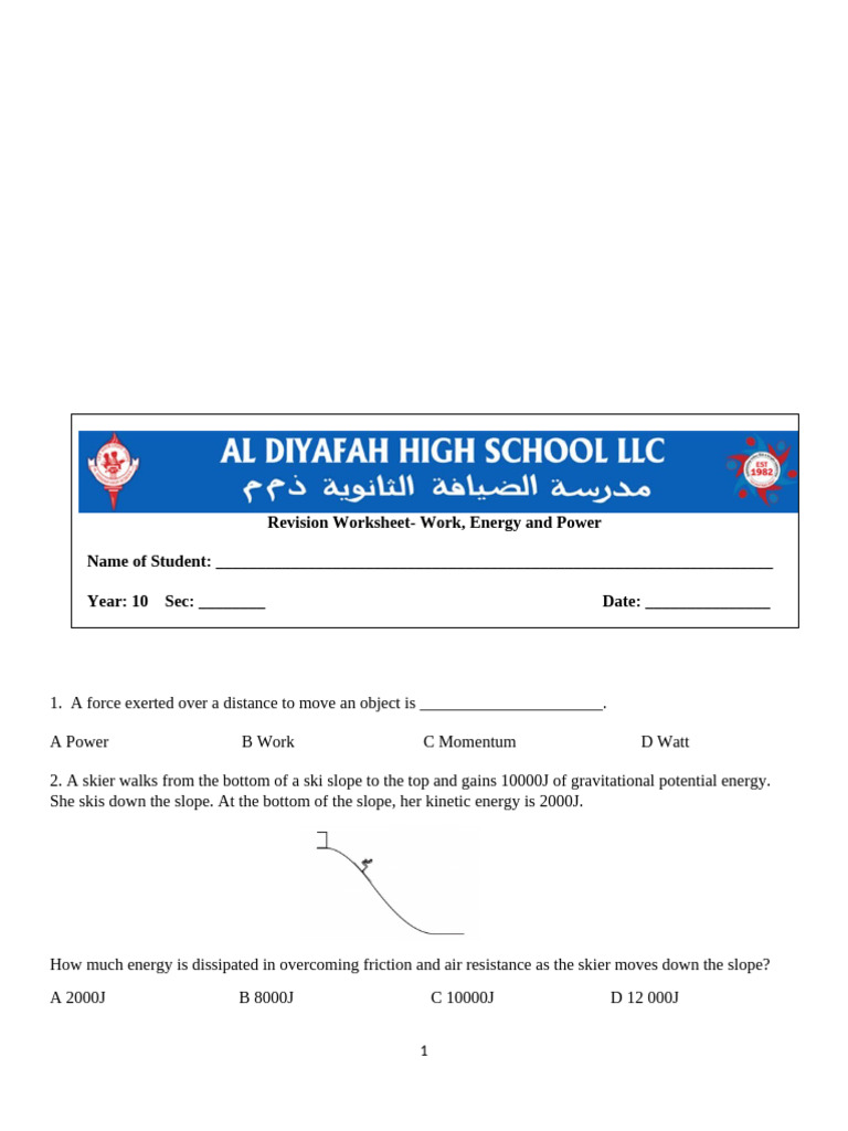 Work Energy Power Revision Worksheet - QUESTIONS | PDF | Potential ...