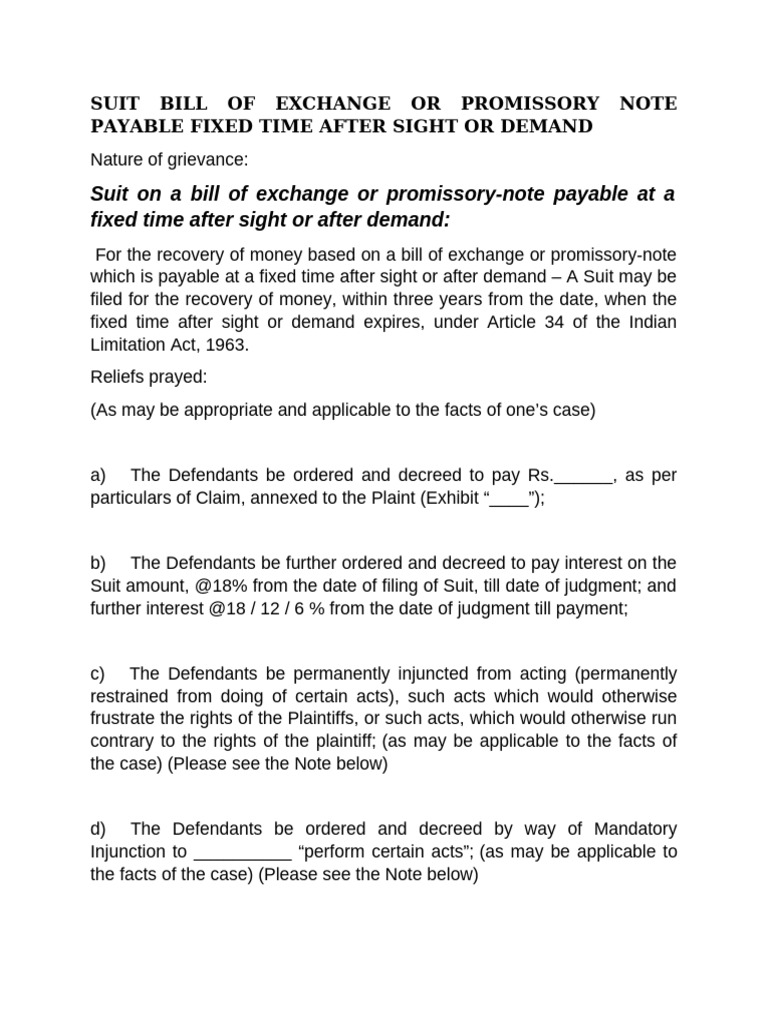 Suit Bill of Exchange or Promissory Note Payable Fixed Time After Sight ...
