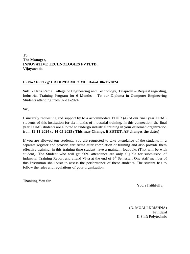 Request for Industrial Training Placement | PDF