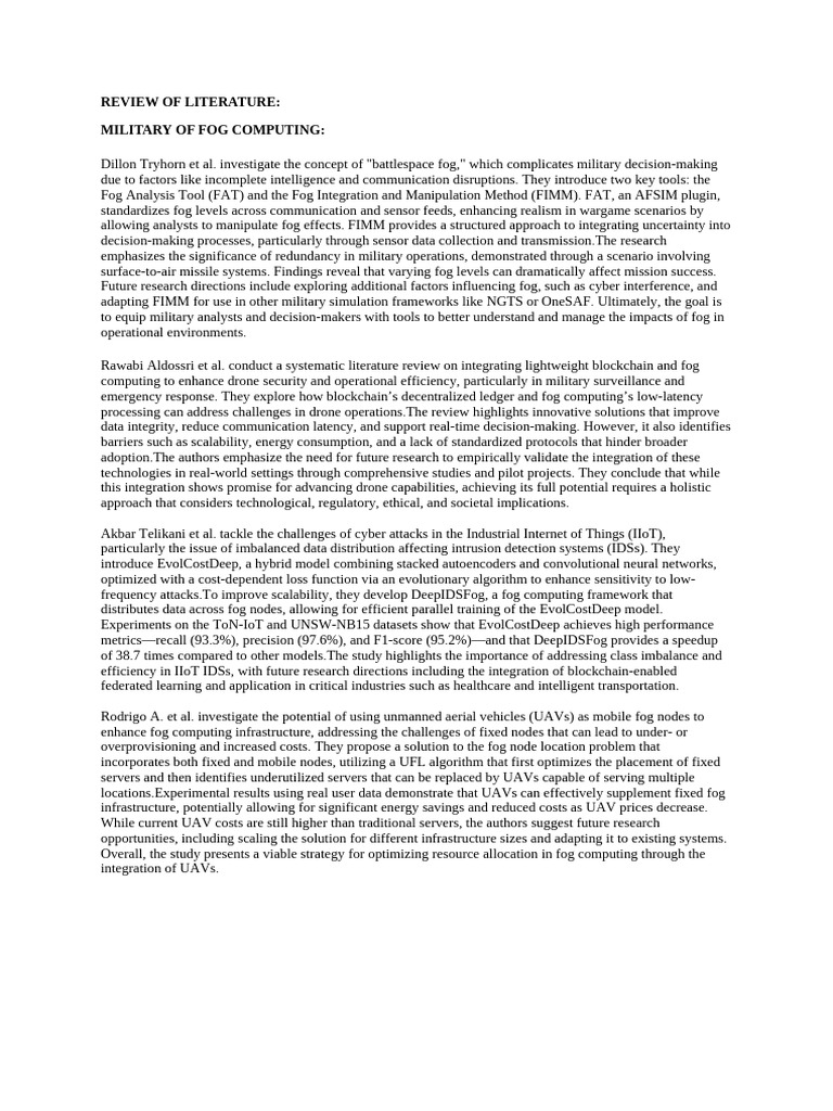 REVIEW OF LITERATURE - Fogbus | PDF | Unmanned Aerial Vehicle | Computer Science