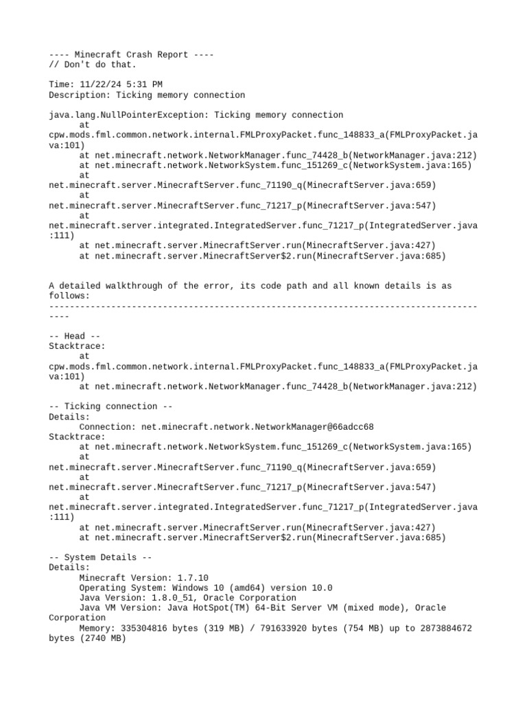 Minecraft 1.7.10 Crash: Ticking Memory Connection | PDF | Java Virtual Machine | Software