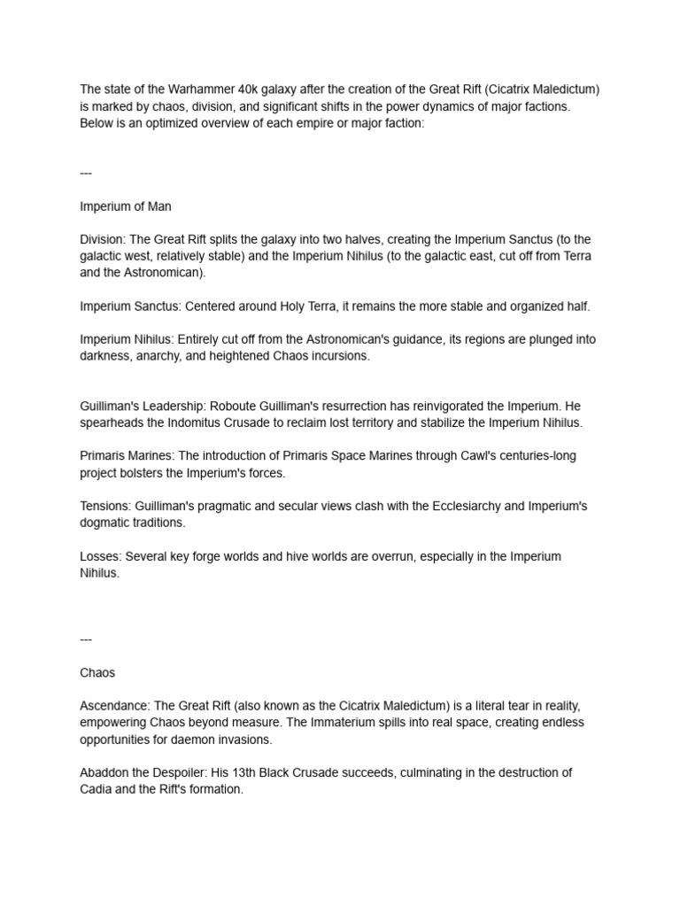 The State of The Warhammer 40k Galaxy After The Creation of The Great ...