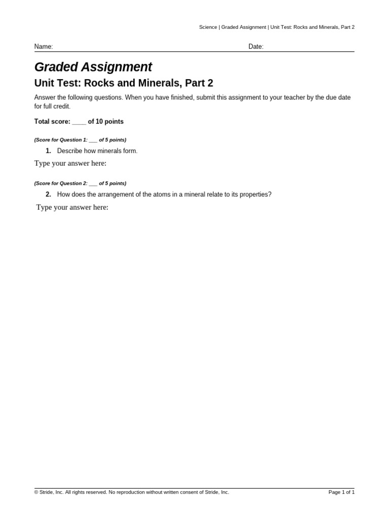 Graded Assignment: Unit Test: Rocks and Minerals, Part 2 | PDF