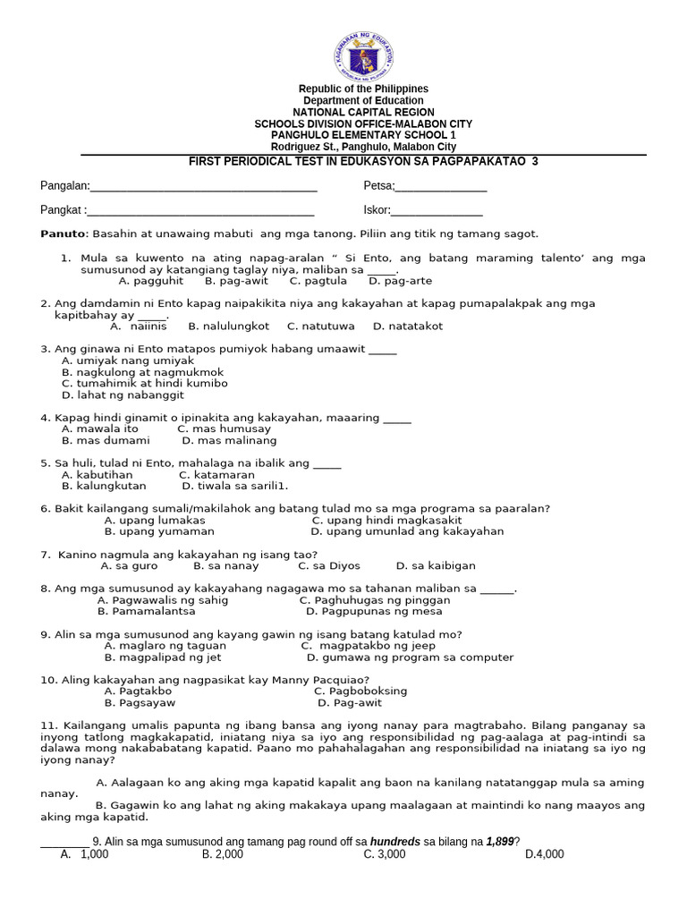 G3 Math Q1 Periodical Test 1 | PDF