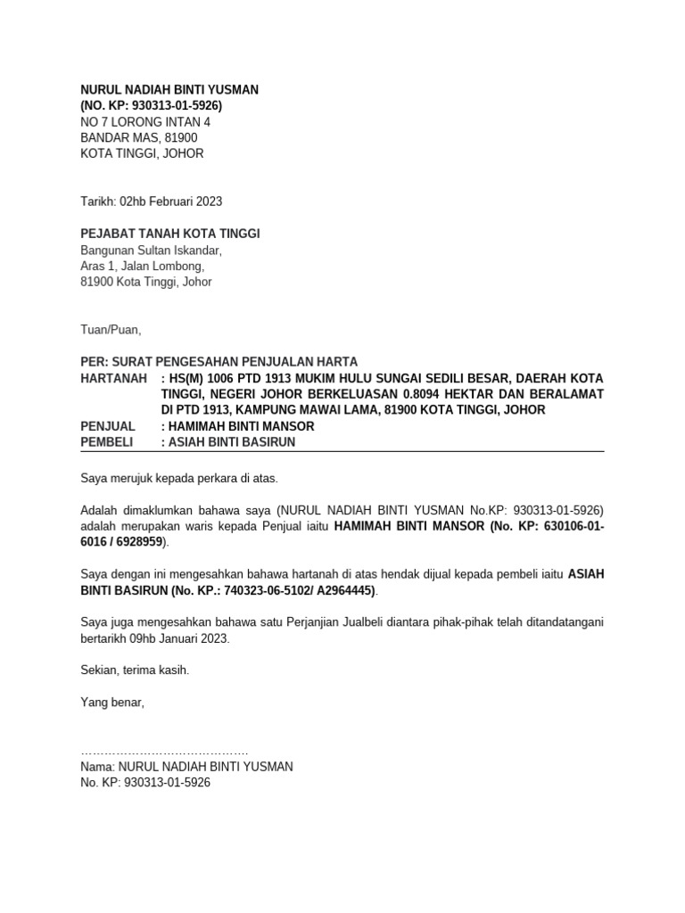 Sample Surat Akuan Waris (PTD Kota) | PDF