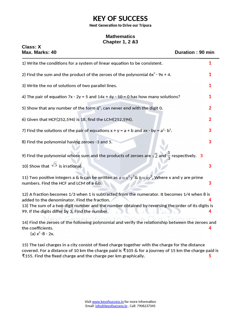 Class 10 Mathematics Chapter 1,2,3 Practice | PDF | Numbers | Polynomial