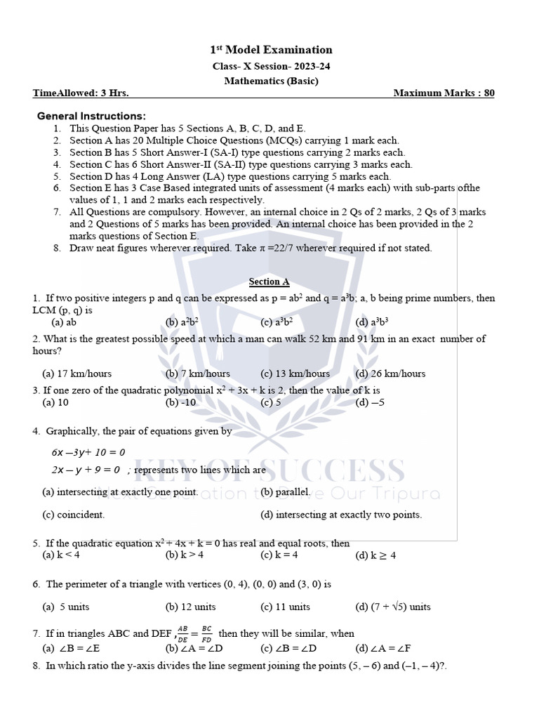 Class X Mathematics Model Exam 2023-24 | PDF | Circle | Area