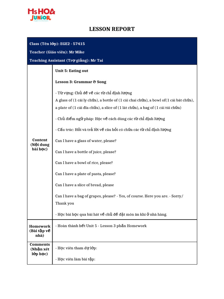 Form Lesson Report - U5 - L3 - Explorer 3 | PDF