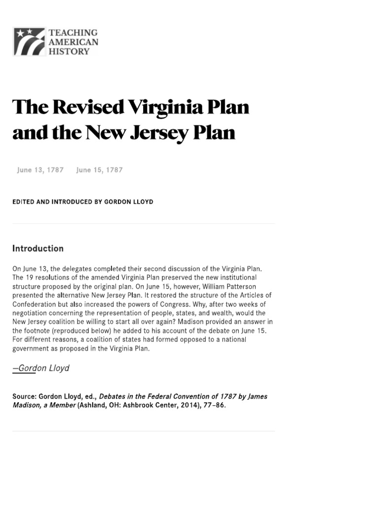 Revised Virginia Plan and The New Jersey Plan | PDF