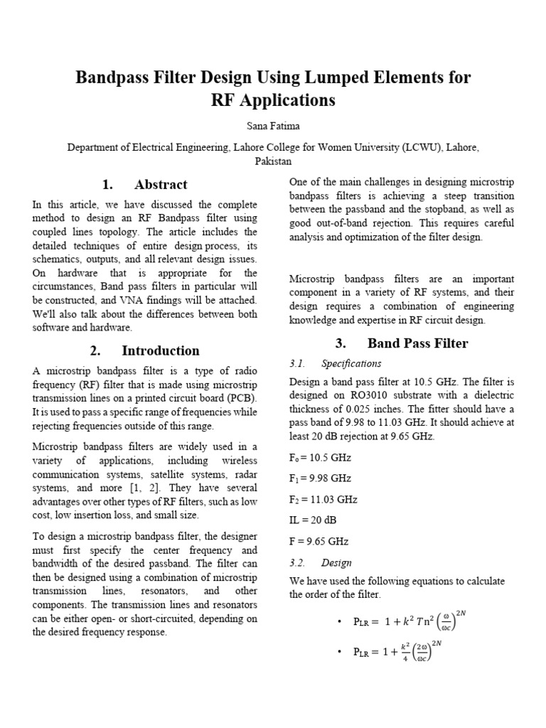 Engrxiv Rev Bandpass+Filter+Design+Using+Lumped+Elements+for+RF+Applications | PDF | Electronic ...