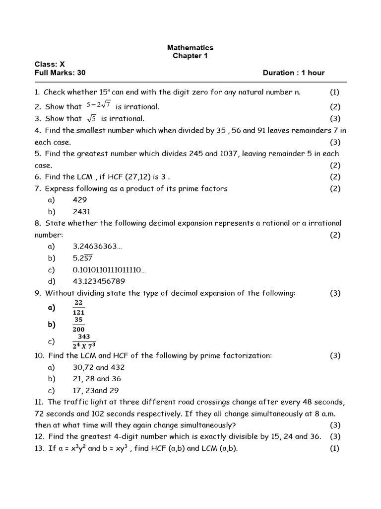 Mathematics Class: X Full Marks: 30 Duration: 1 Hour | PDF