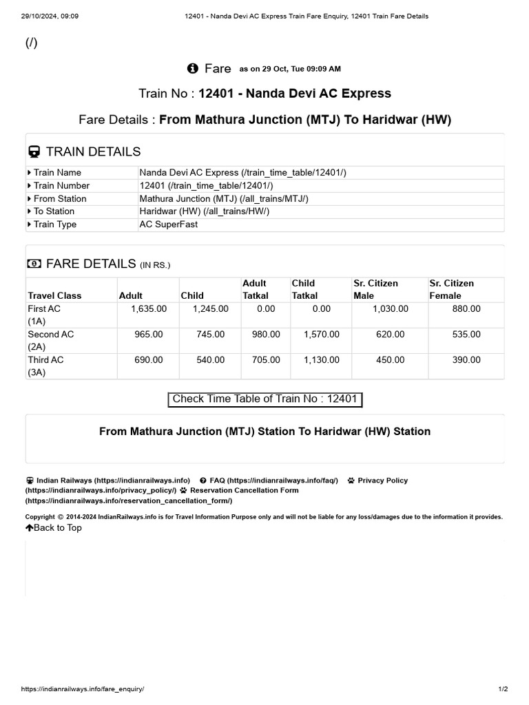 Nanda Devi AC Express Train Fare Enquiry, 12401 Train Fare Details ...