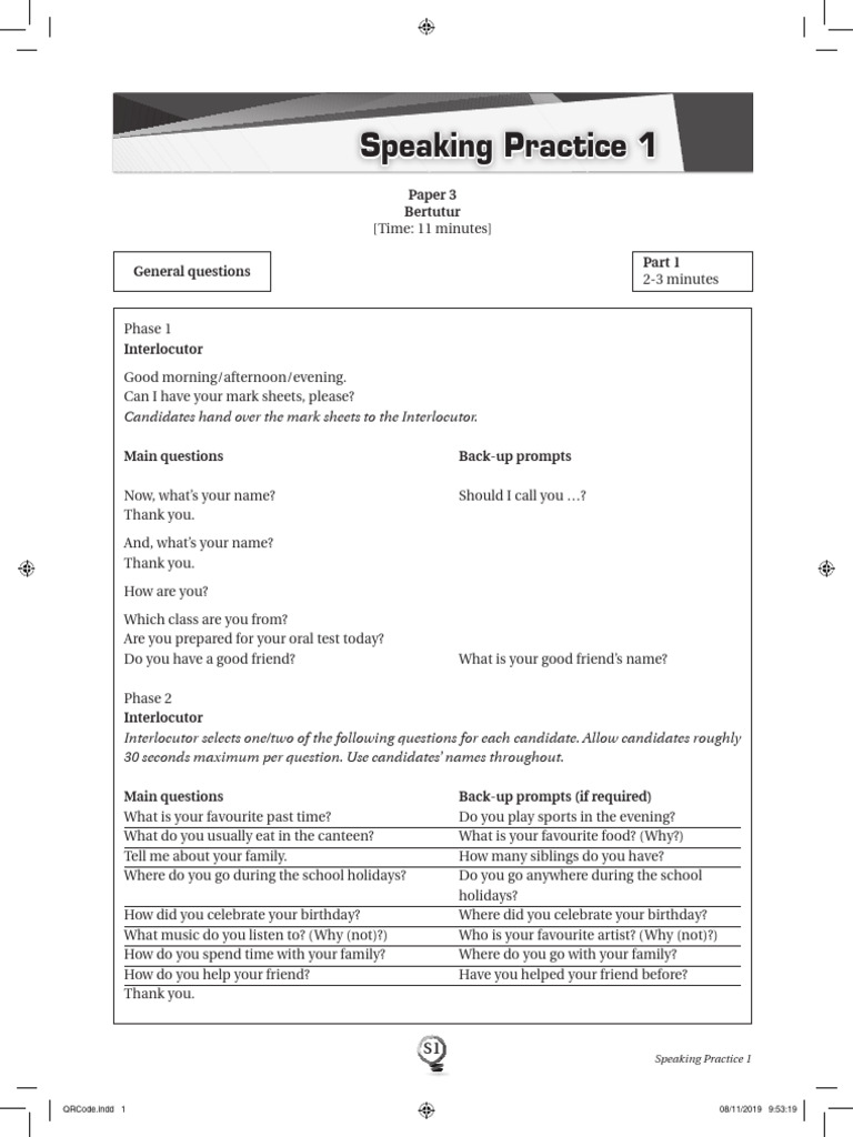 PT KSSM English F2 - Speaking Practice (1&2) (QR Code) | PDF