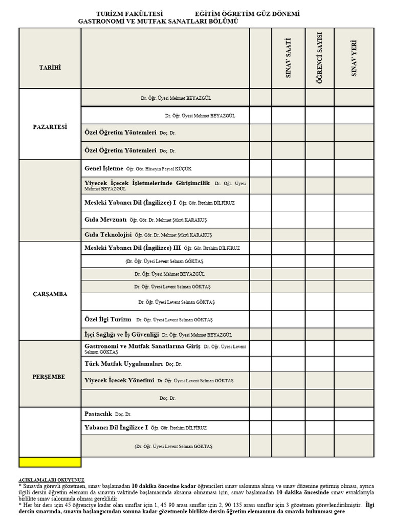 2024-2025 Güz GASTRONOMİ VE MUTFAK SANATLARI (ARA) Sınav Takvimi | PDF