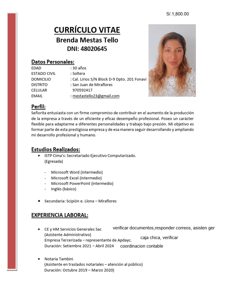 Currículum Vitae de Brenda Mestas Tello | PDF | Crecimiento personal y ...