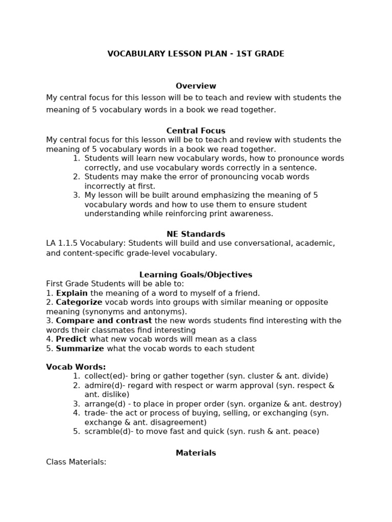 Sample Vocabulary Lesson Plan | PDF | Vocabulary | Human Communication