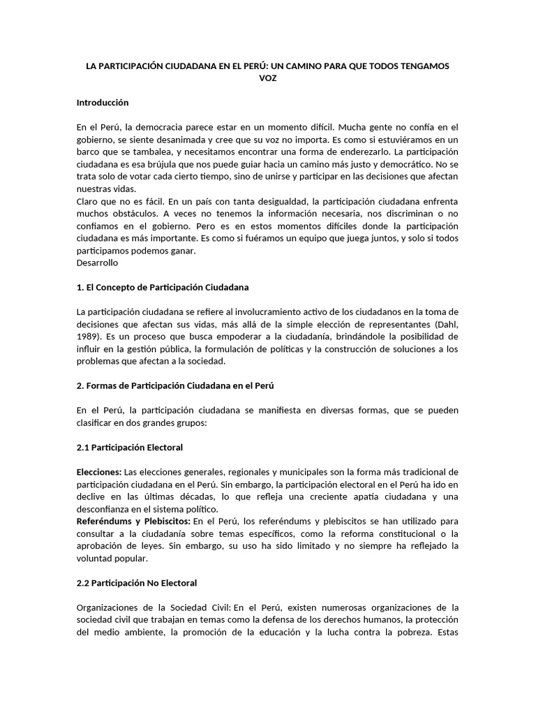 Ensayo La Participación Ciudadana en El Perú | PDF | Participación pública | Democracia