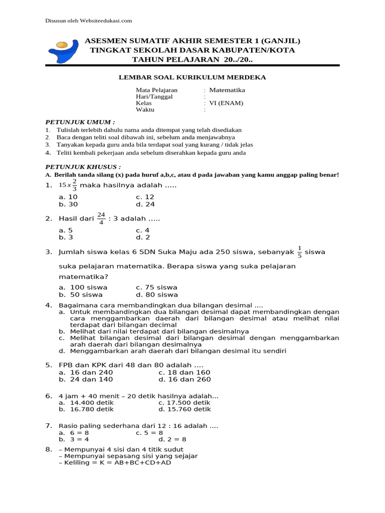 SAS 1 Kelas VI - MTK | PDF