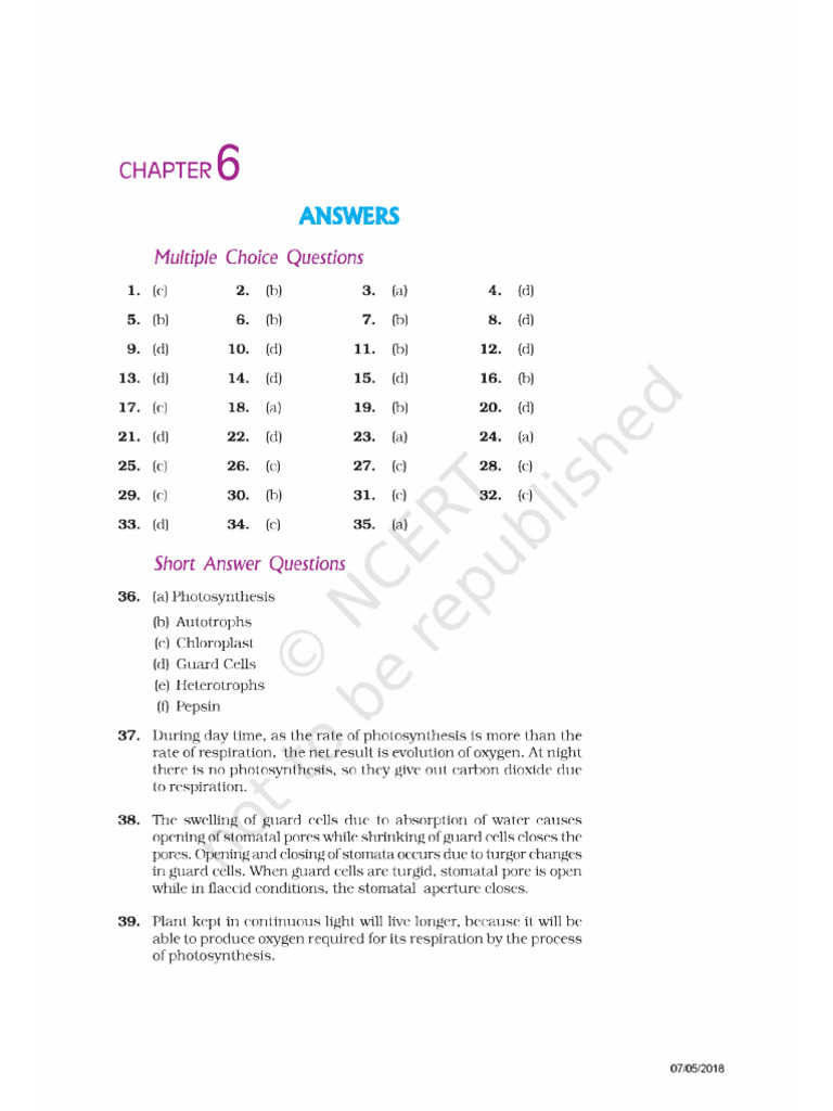 NCERT Exempler-Life Process - Answer Keys | PDF