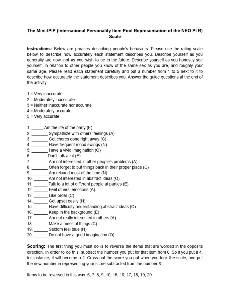 Mini-IPIP Personality Test Guide | PDF | Extraversion And Introversion ...