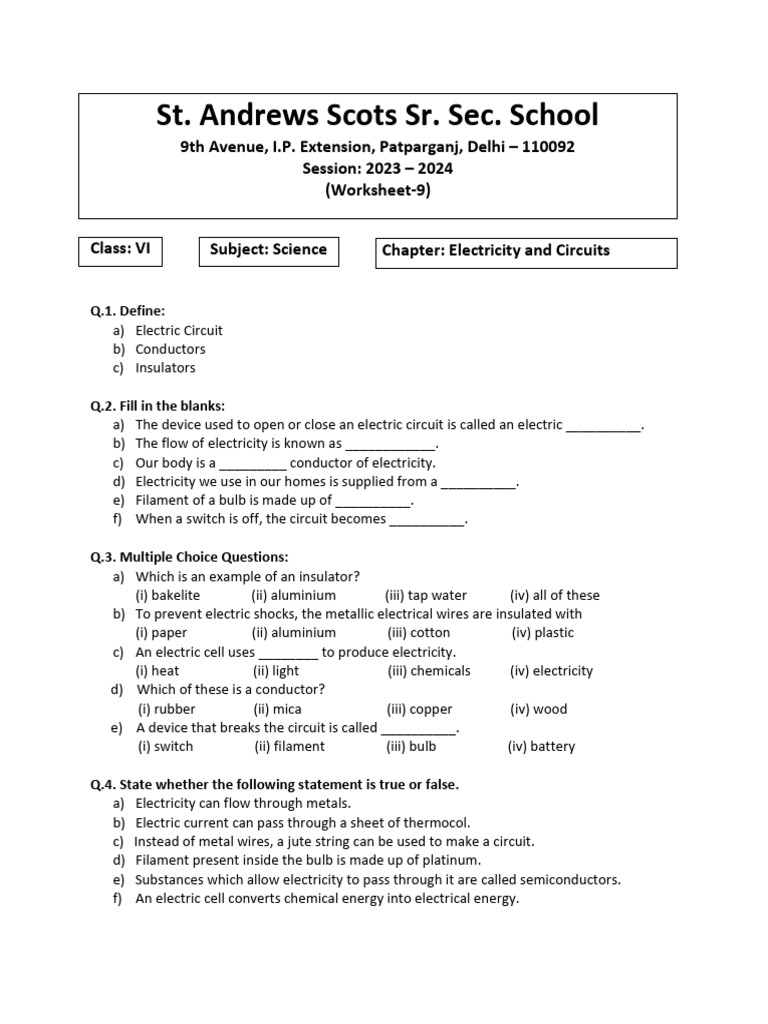 Class 6 Electricity and Circuits Worksheet | PDF