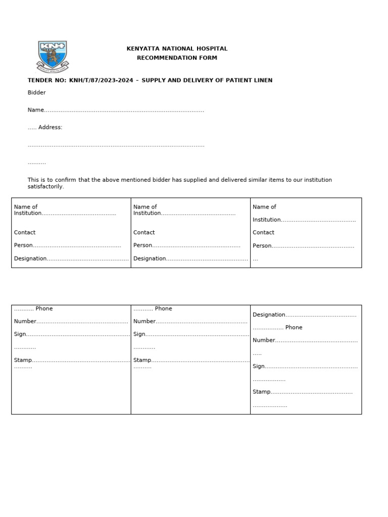 Kenyatta National Hospital Recommendation Form | PDF