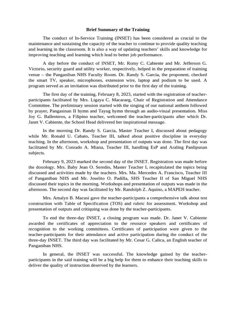 INSET Training Summary Report | PDF | Teachers | Learning