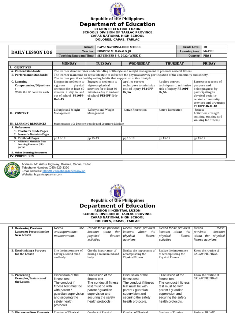 DLL - MAPEH 10 Q1 WK 3 2022 | PDF | Teachers | Learning