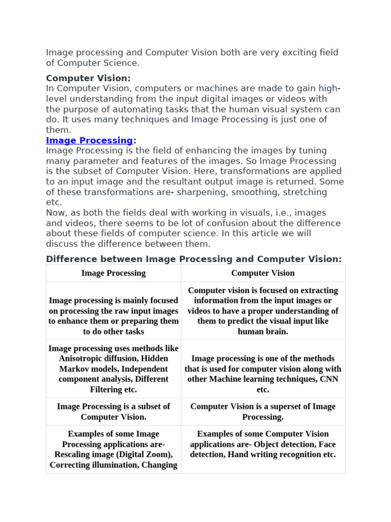 Image Processing and Computer Vision Both Are Very Exciting Field of Computer Science | PDF ...