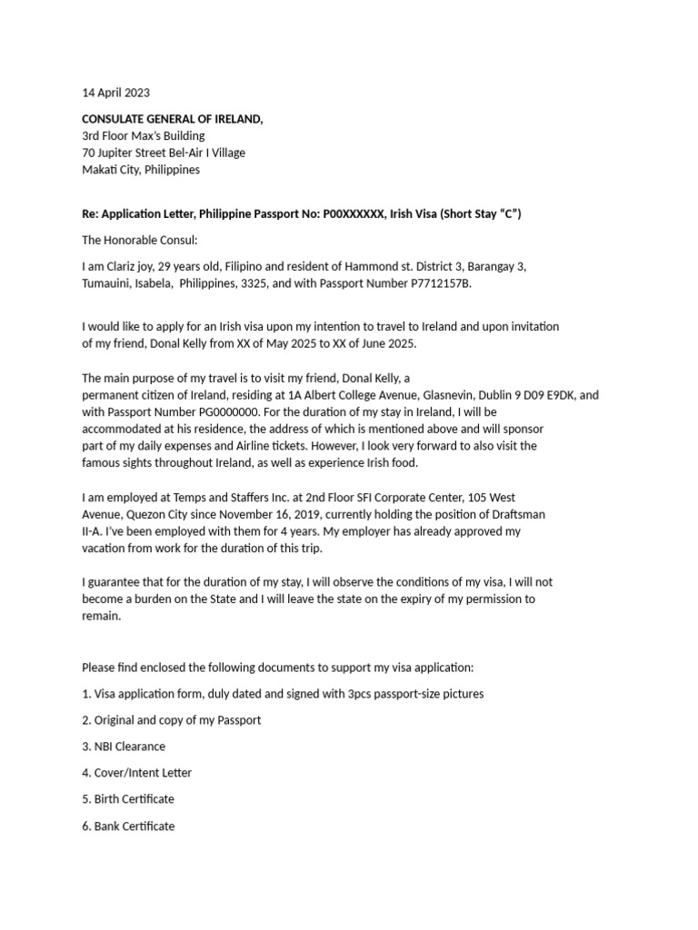 Irish Visa Application Letter Sample | PDF | Law