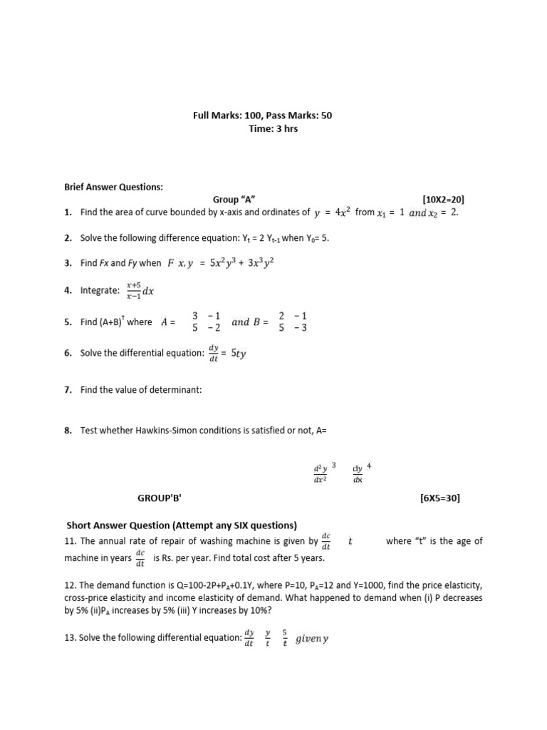 Model Question For BBA TU Business Mathematics II | PDF | Demand | Elasticity (Economics)