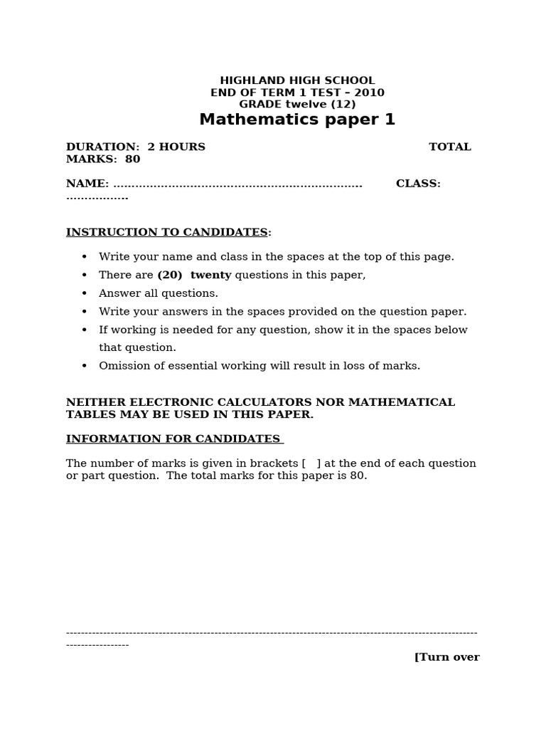 2010 - Term 1 Grade 11 Maths Test - p1 | PDF | Determinant ...