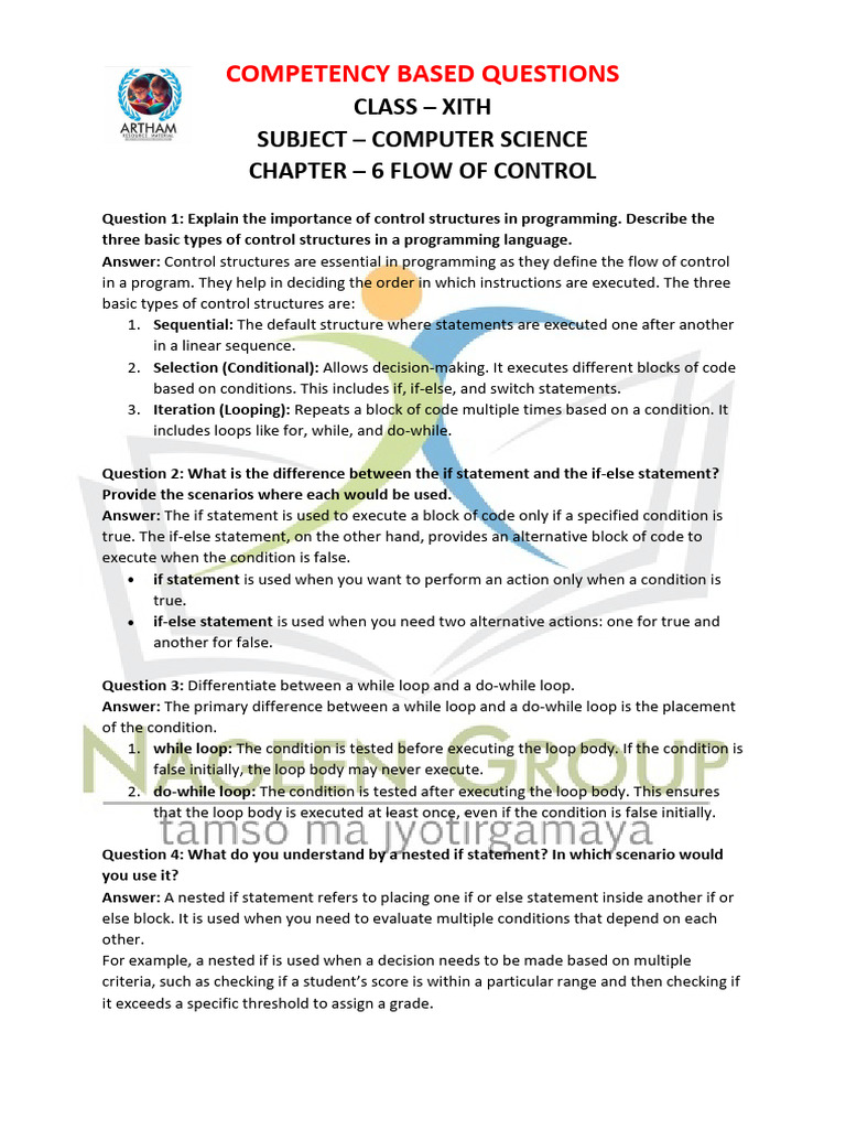 Class 11 Competency Based Question Computer Science Chap 6 (2024-25 ...