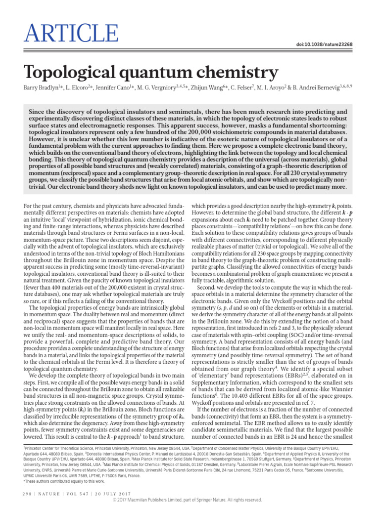Topological Quantum Chemistry Bradlyn Nature 2017 | PDF | Electronic ...