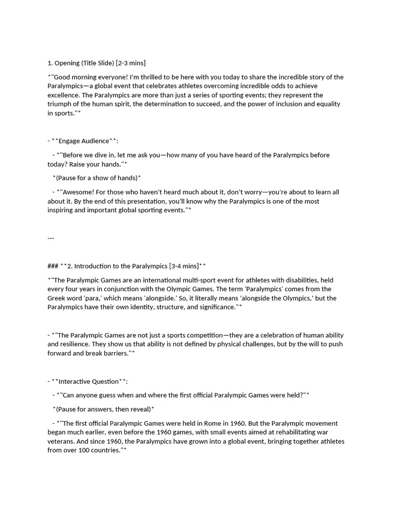 Paralympic Presentation Script | PDF | Paralympic Games | Disability