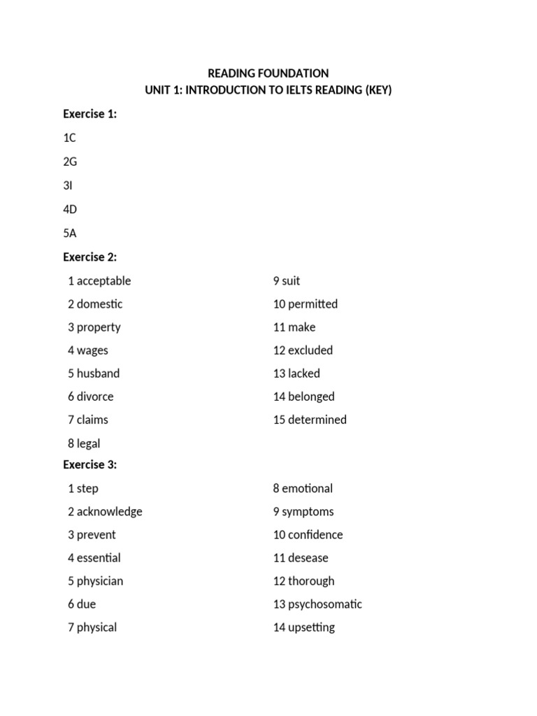 Unit 1 (Key) Intro To Ielts Reading | PDF