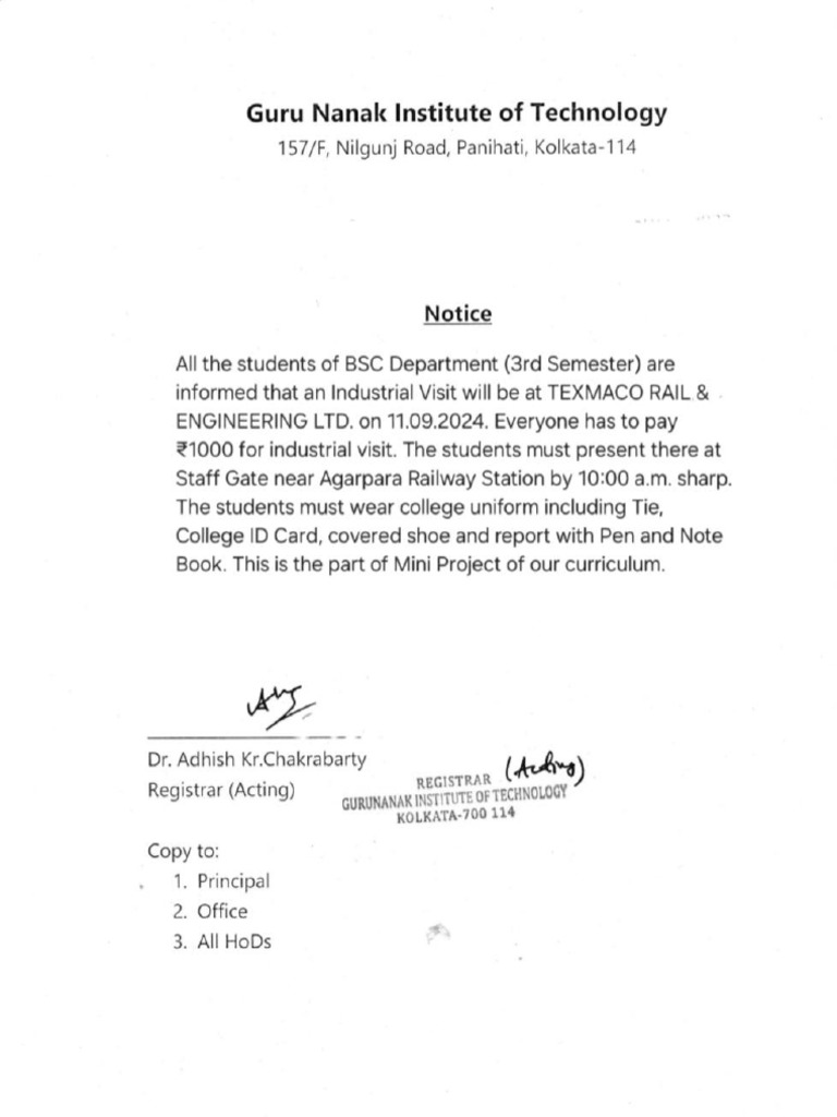 Industrial Visit Notice for BSC Students | PDF | Business | Technology ...