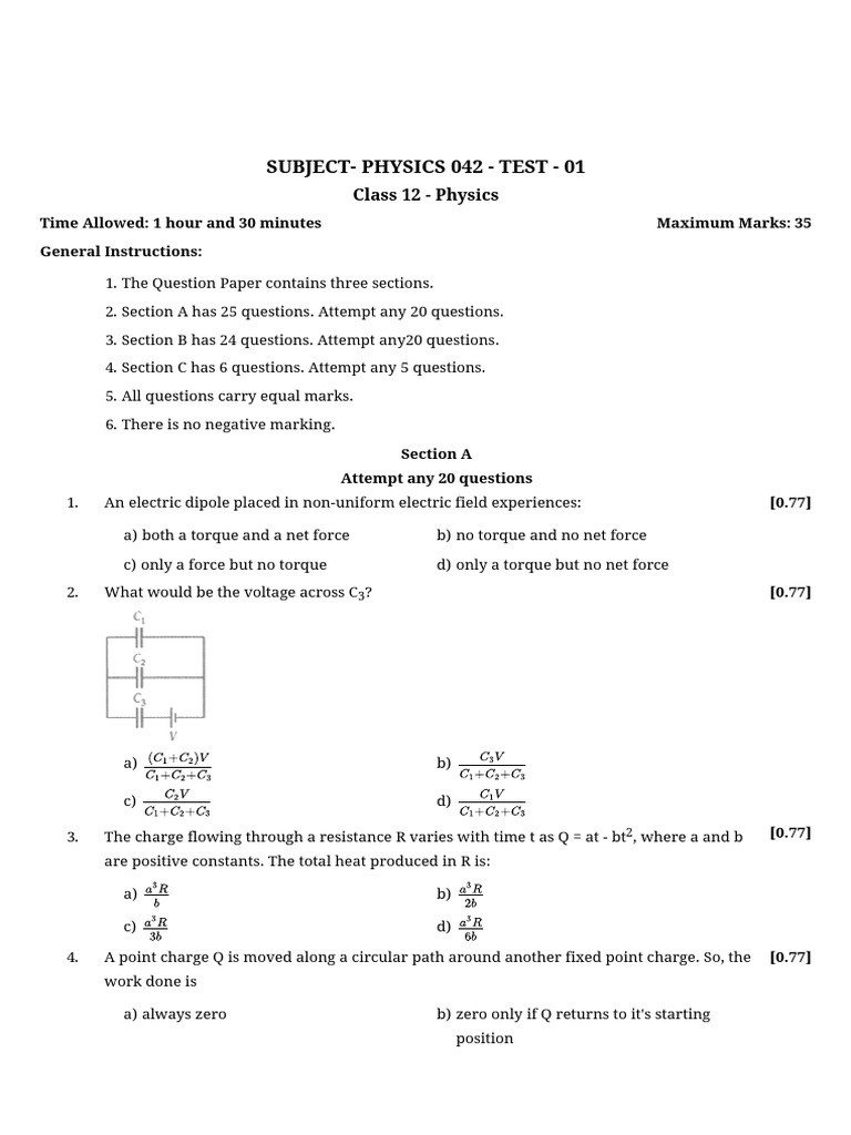 12th Worksheet | PDF | Capacitor | Inductor