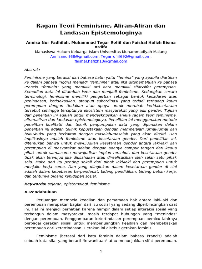 UTS FPA - Kelompok 4 - Ragam Teori Feminisme, Aliran-Aliran Dan Landasan Epistimologinya (REVISI ...