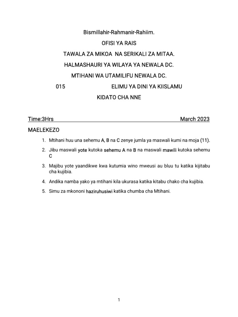 Edk F4 - Mtihani Wa Utamilifu Newala DC | PDF