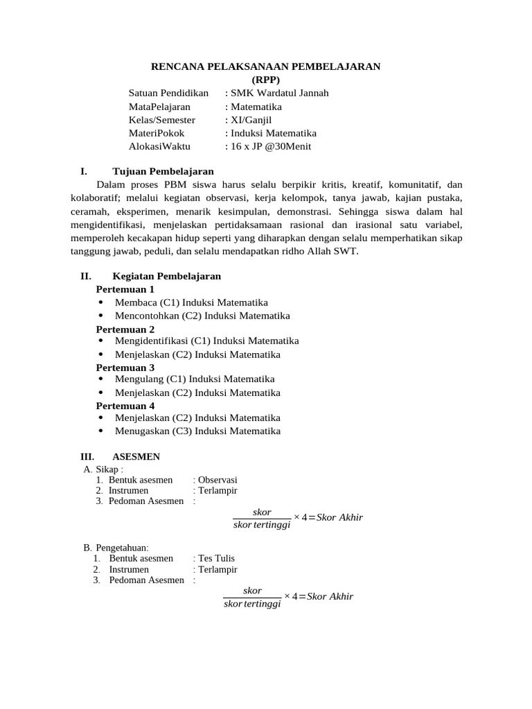 Rencana Pelaksanaan Pembelajaran (RPP) : Iii. Asesmen | PDF
