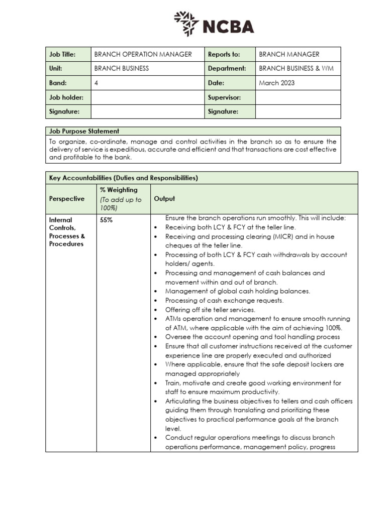 Branch Operation Manager Job Description | PDF | Banks | Leadership