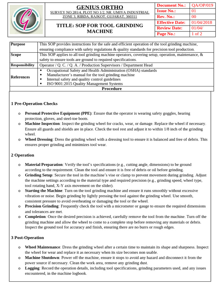 SOP For Tool Grinding Machine | PDF | Grinding (Abrasive Cutting) | Tools