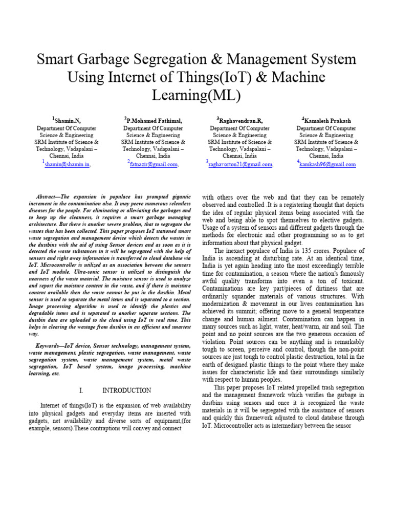 Smart Garbage Segregation Amp Management System Using Internet of ThingsIoT Amp Machine ...