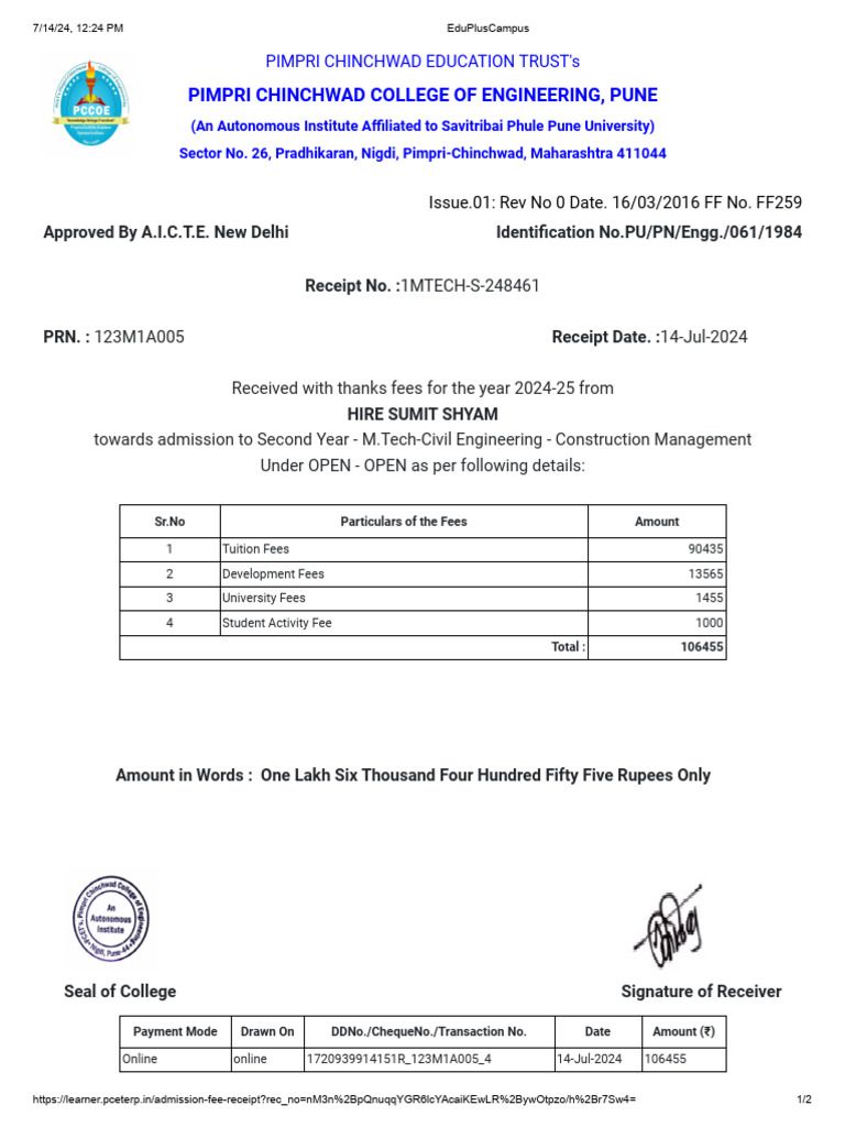 2nd Year Fees Receipt | PDF