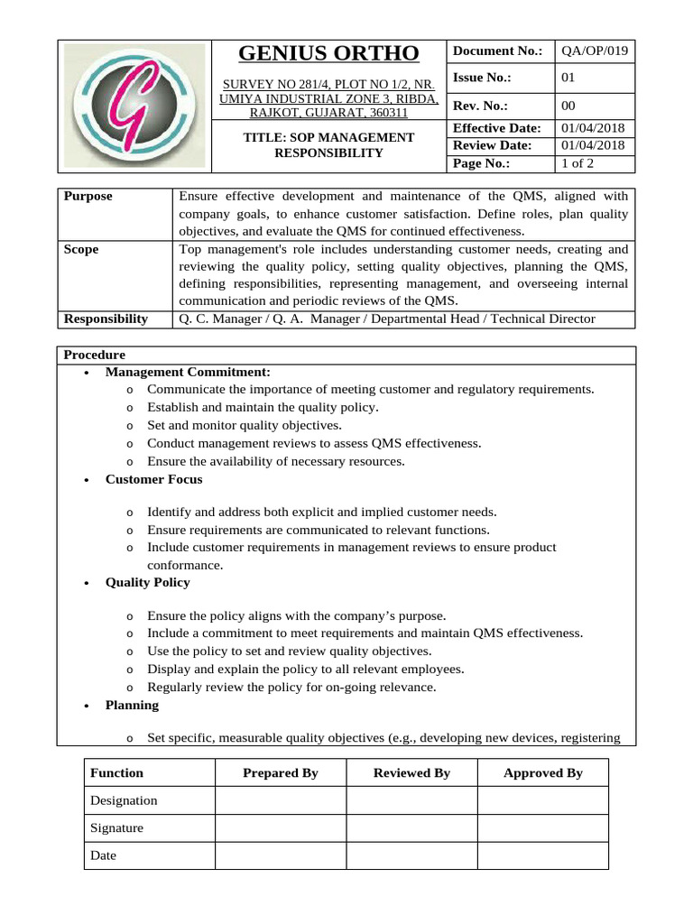 SOP Management Responsibility | PDF | Quality Management System | Policy
