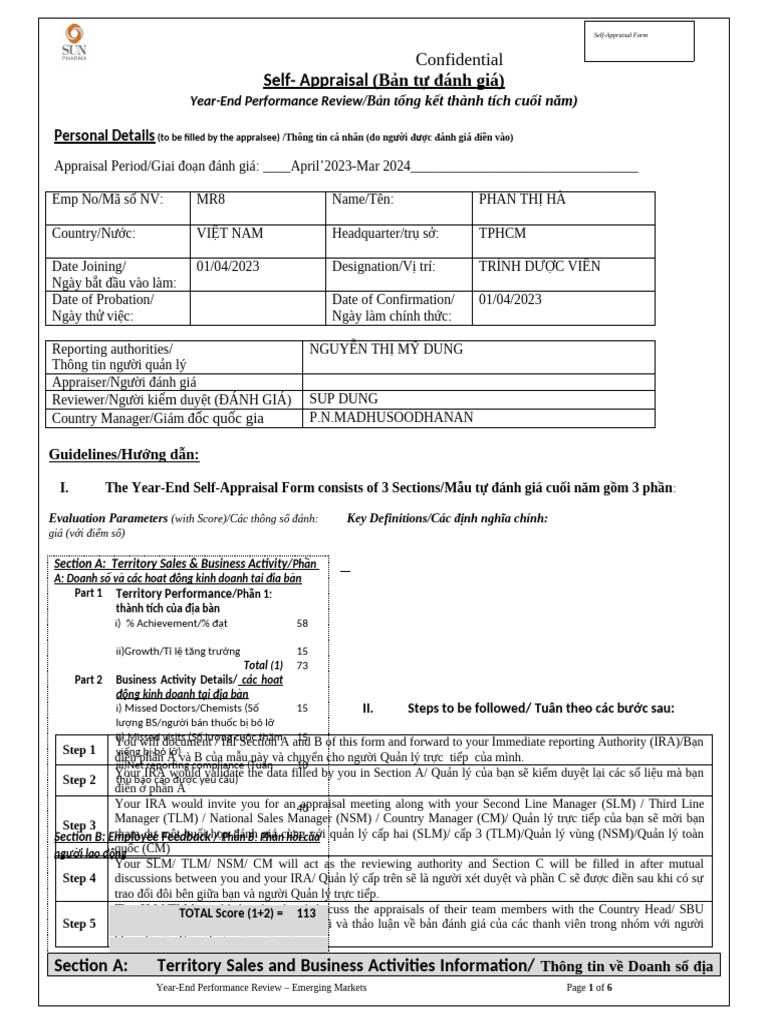 Self Appraisal form-MR8 - 04-2023-03-2024 | PDF