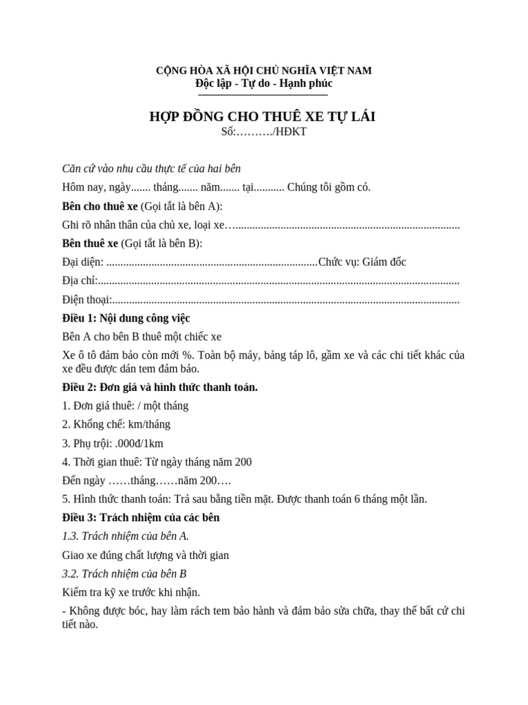 Mau Hop Dong Cho Thue Xe Tu Lai | PDF