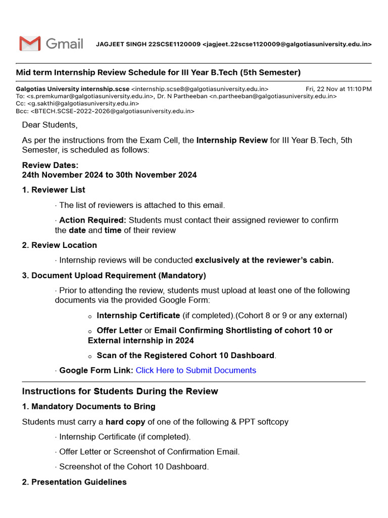 Mid Term Internship Review Schedule For III Year B.Tech (5th Semester ...